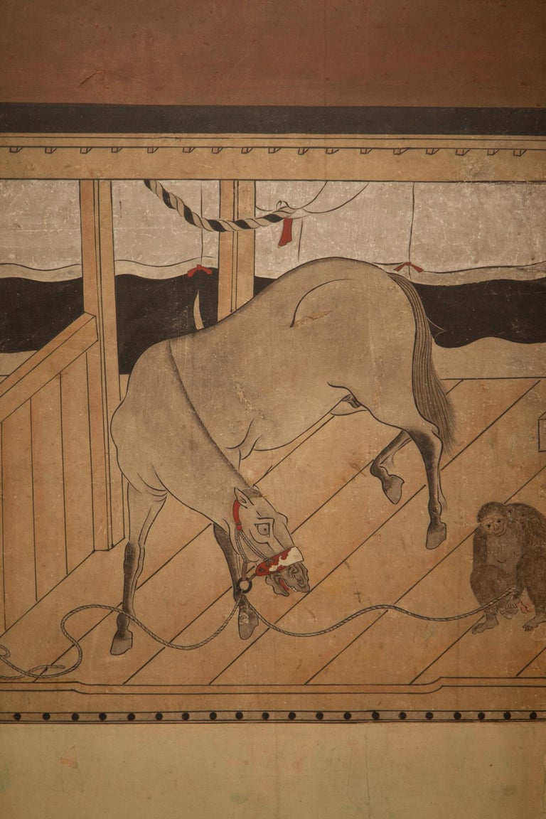 Japanese Six-Panel Screen Horses in Stable For Sale at 1stDibs