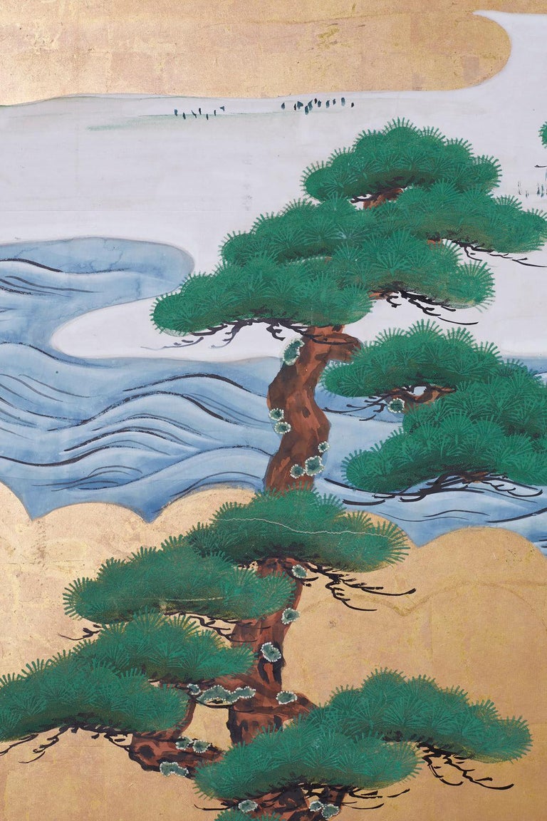 Japanese Six Panel Screen Hamamatsu with Cranes by the Sea For Sale at ...