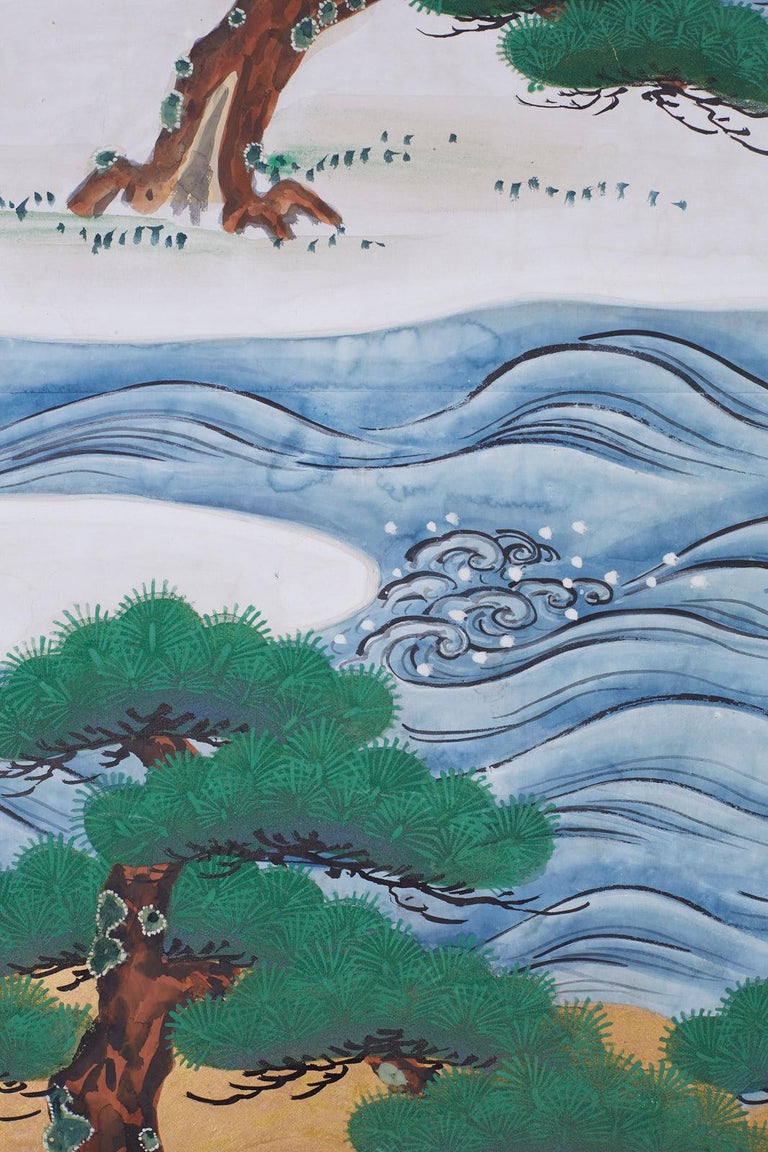 Japanese Six Panel Screen Hamamatsu with Cranes by the Sea For Sale at ...