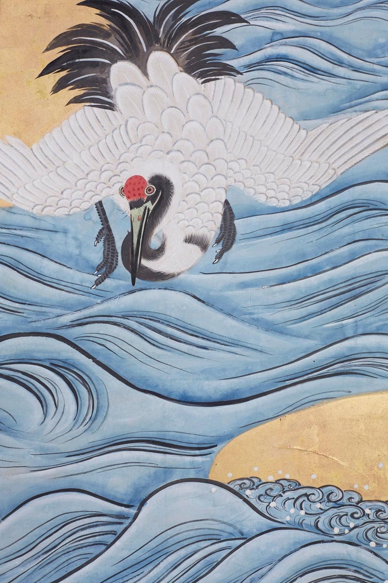 Japanese Six Panel Screen Hamamatsu with Cranes by the Sea For Sale at ...