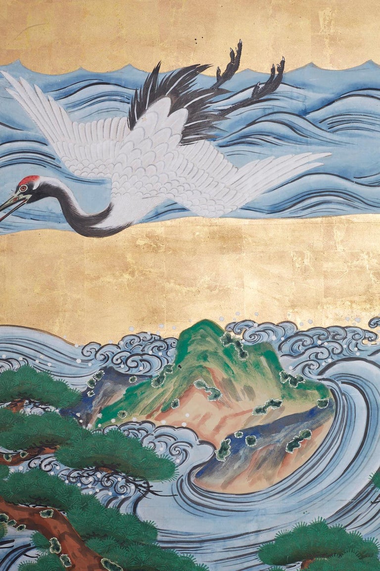 Japanese Six Panel Screen Hamamatsu with Cranes by the Sea For Sale at ...