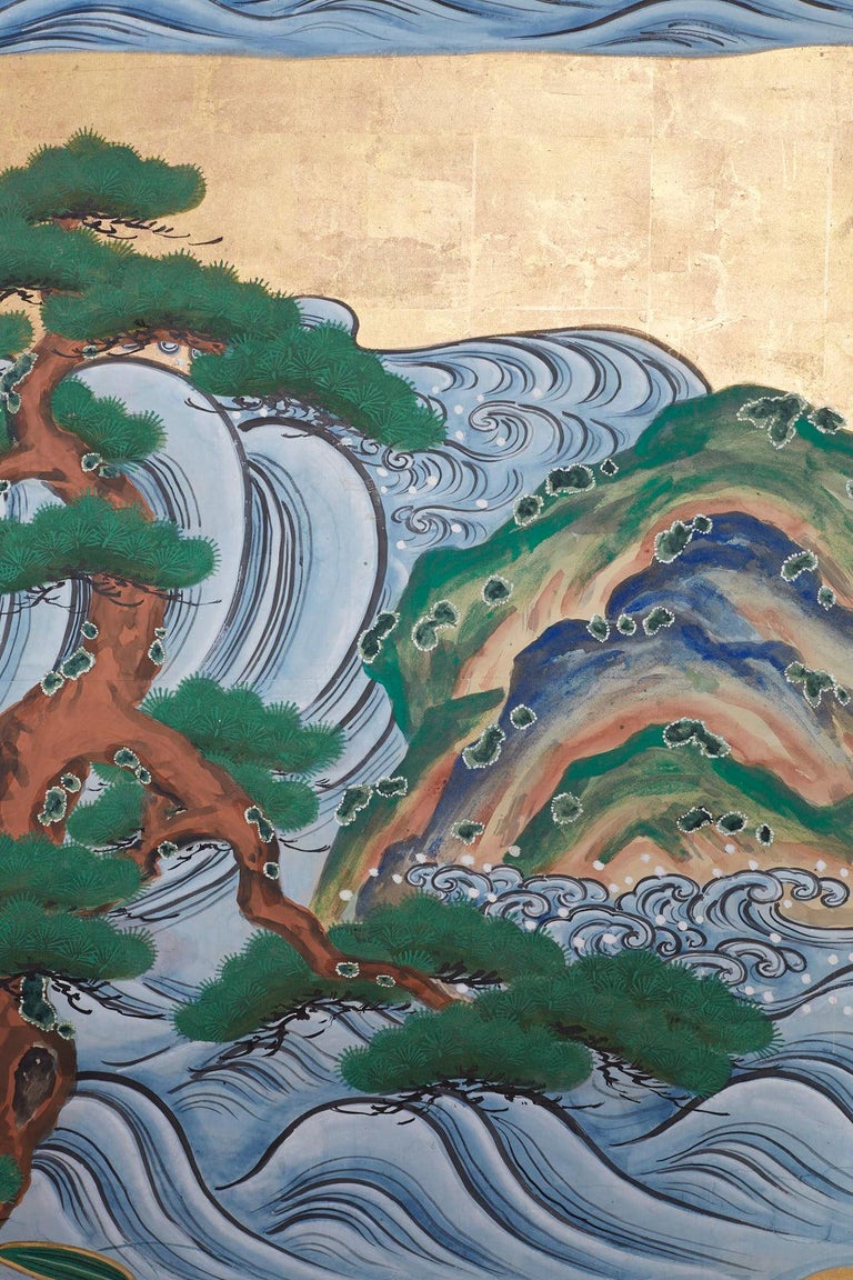 Japanese Six Panel Screen Hamamatsu with Cranes by the Sea For Sale at ...