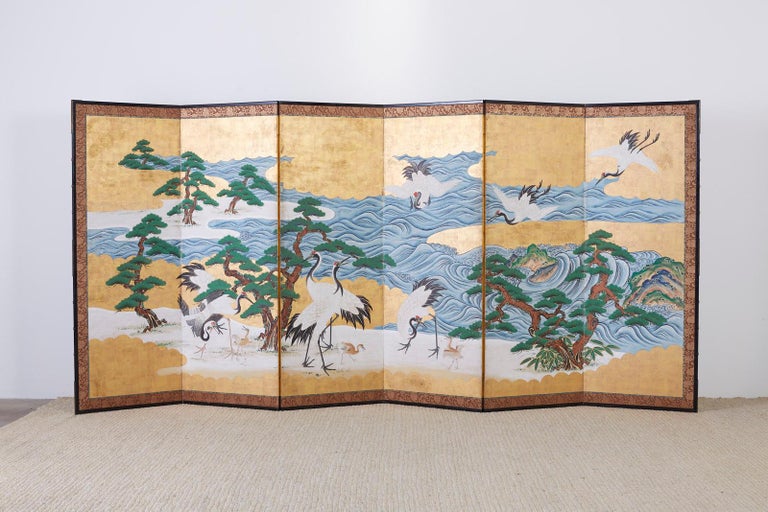 Japanese Six Panel Screen Hamamatsu with Cranes by the Sea For Sale at ...