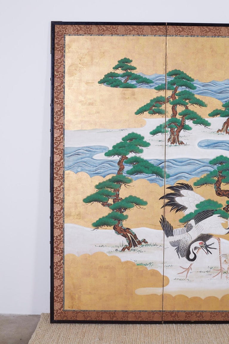 Japanese Six Panel Screen Hamamatsu with Cranes by the Sea For Sale at ...