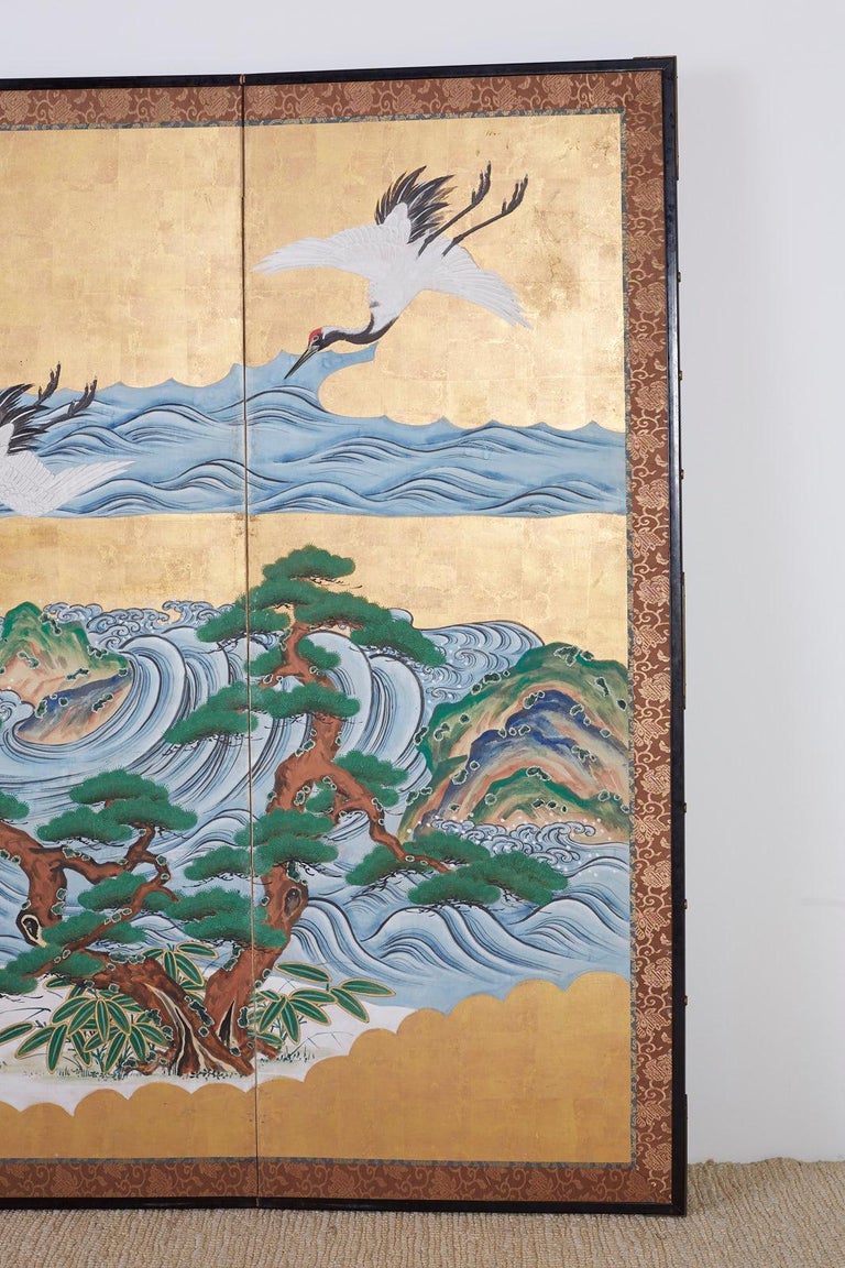 Japanese Six Panel Screen Hamamatsu with Cranes by the Sea For Sale at ...