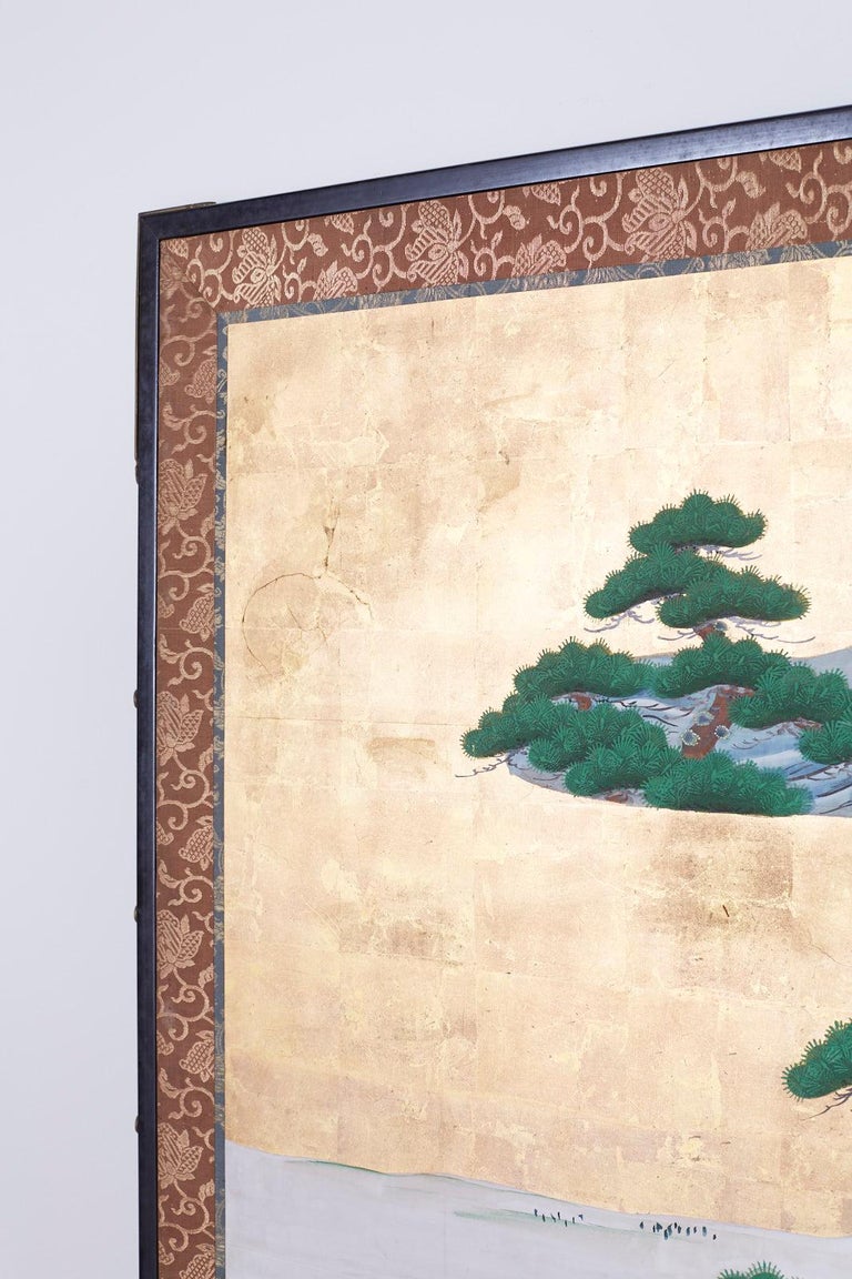 Japanese Six Panel Screen Hamamatsu with Cranes by the Sea For Sale at ...