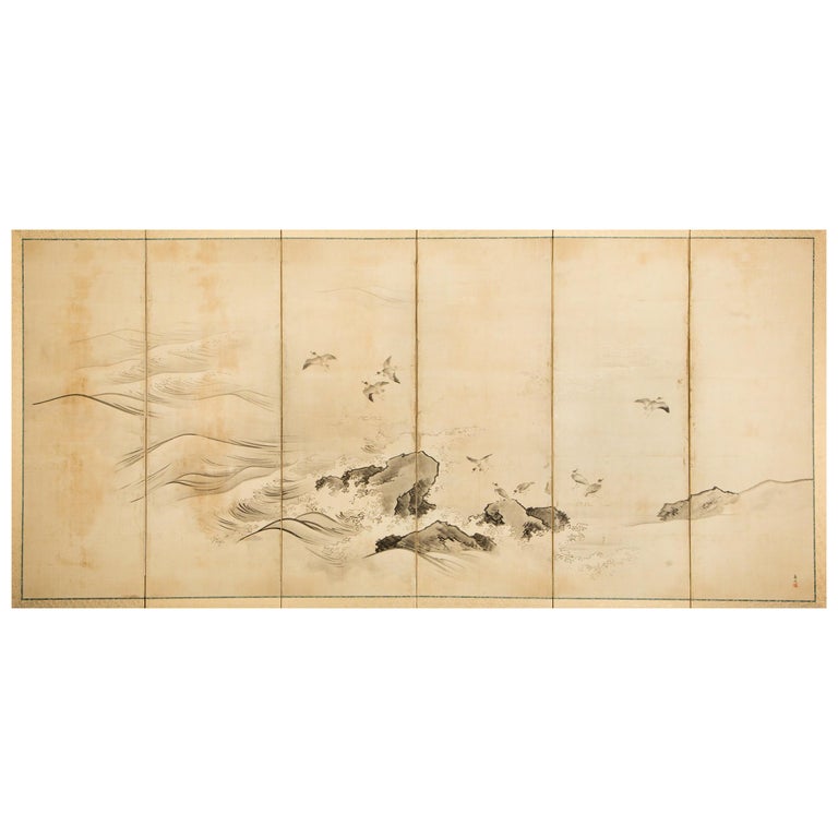 Japanese Six-Panel Screen Plovers in Flight Over Coastal Landscape For ...