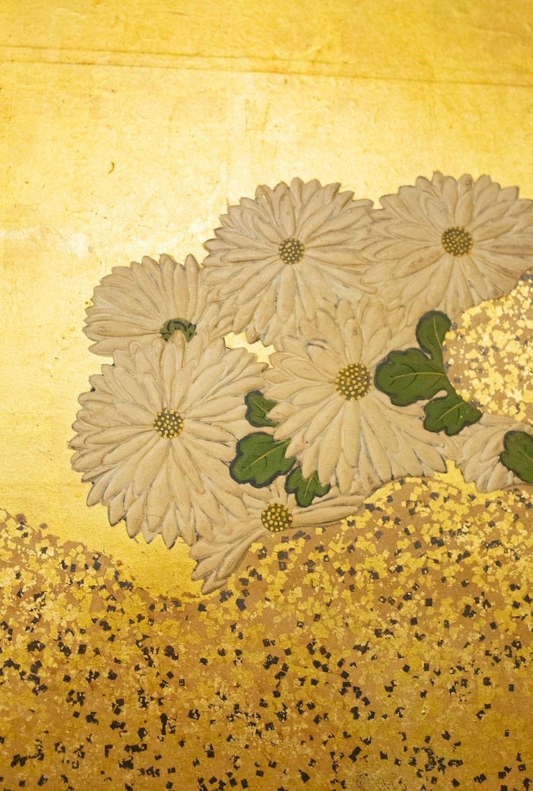 Japanese Six-Panel Screen, Rimpa School Chrysanthemums on Gold For Sale ...