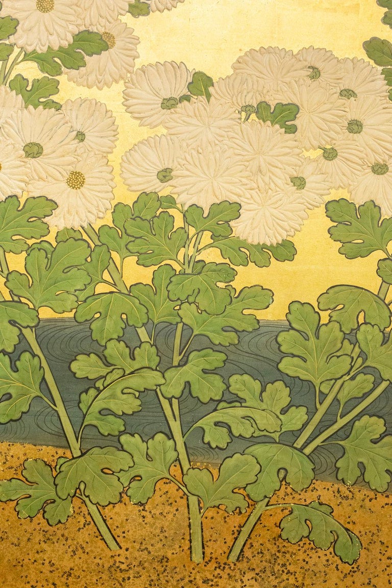 Japanese Six-Panel Screen, Rimpa School Chrysanthemums on Gold For Sale ...