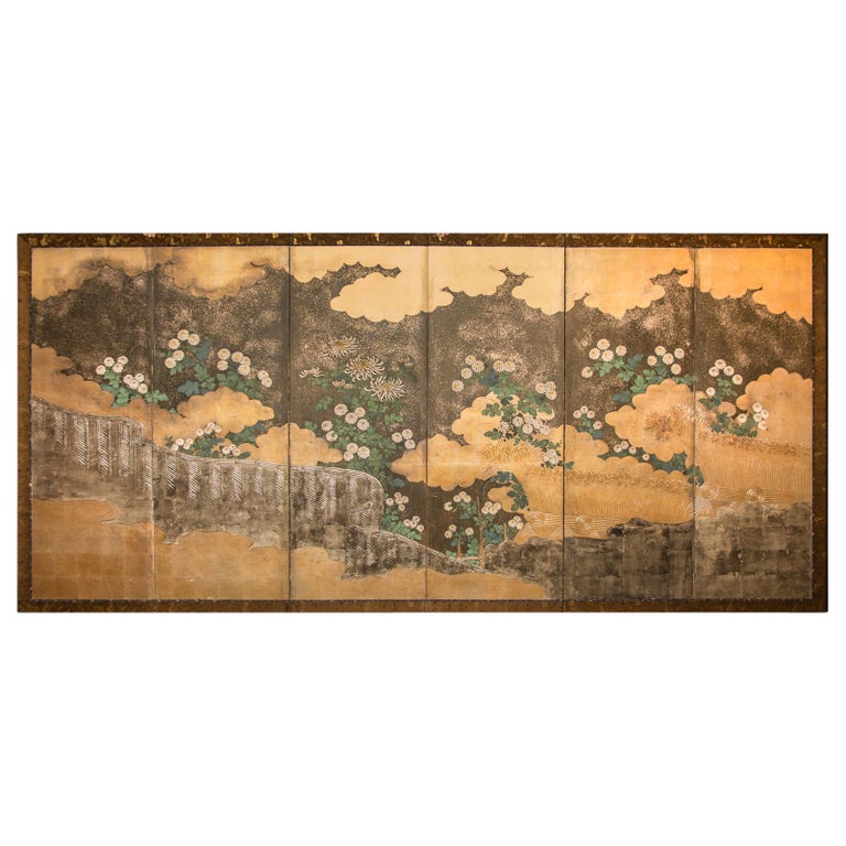 Japanese Six-Panel Screen Rimpa School Chrysanthemums on Silver and ...