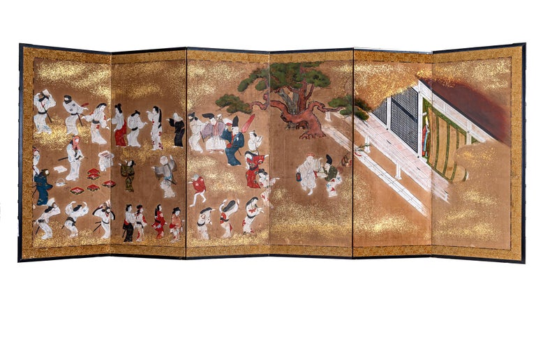 Japanese Six Panel Screen: Tosa School Painting of Theatre Scene For ...