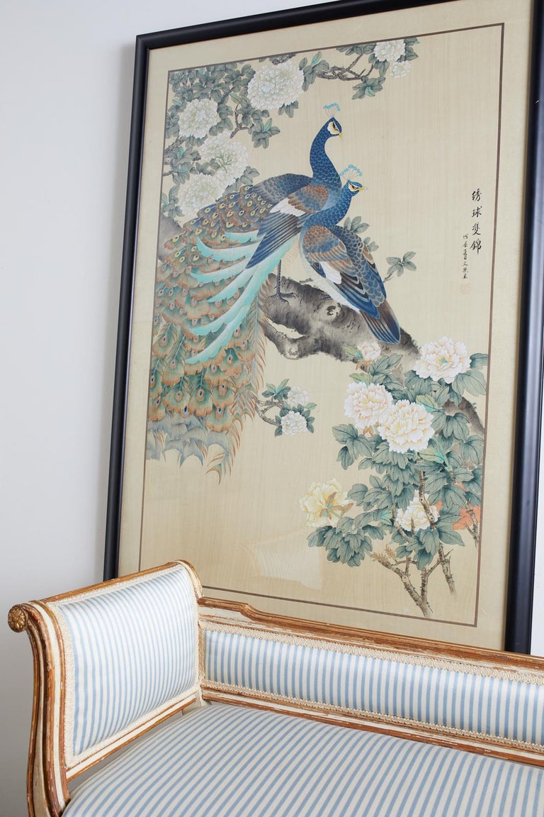 Japanese Spring Peacocks Painting on Silk at 1stDibs