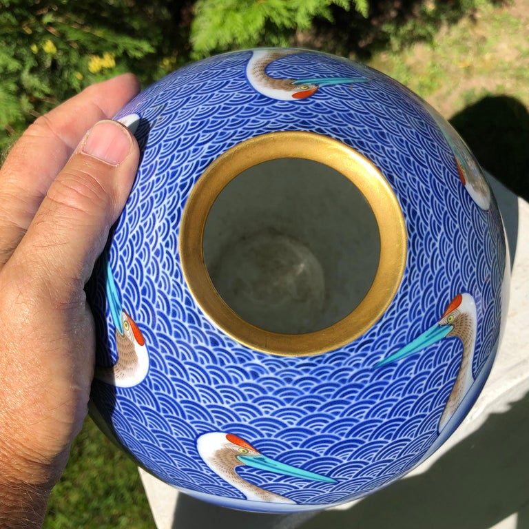 Japanese Stunning Antique Blue and White Cranes Vase Hand Painted Gem ...