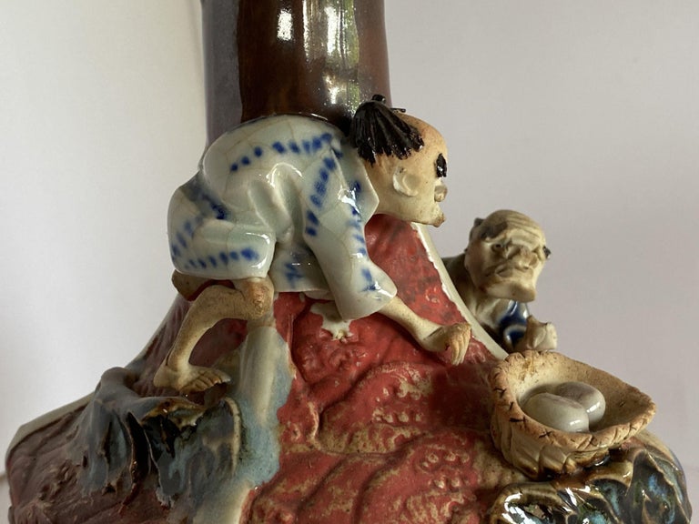 Japanese Sumida Ware Vase with Two Men on Rocky Ledge by Inoue Ryosai ...