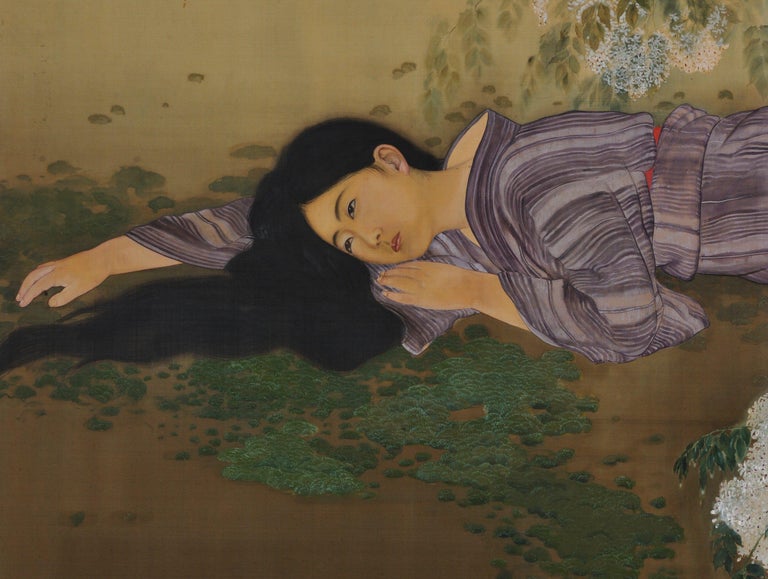 Japanese Taisho Era Silk Screen, Young Lady under a Lilac Tree, circa ...