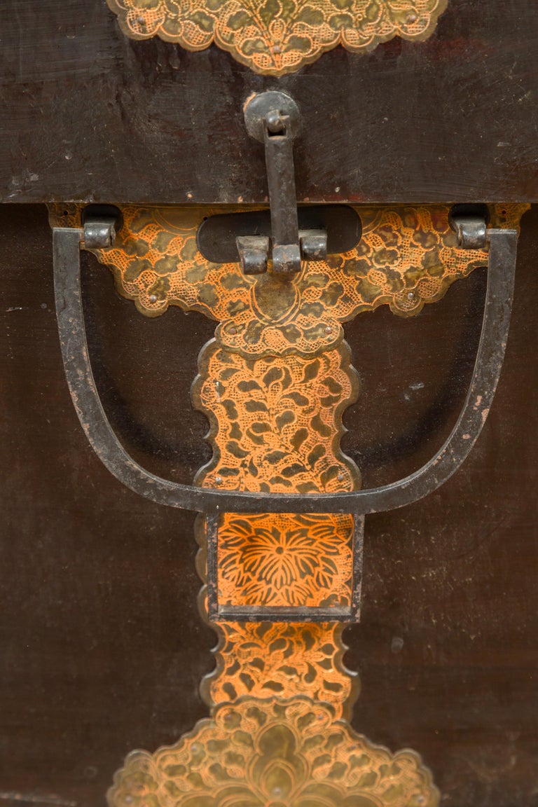 Japanese Taishō Period Kiri Wood Lidded Box with Cut Brass Foliage ...