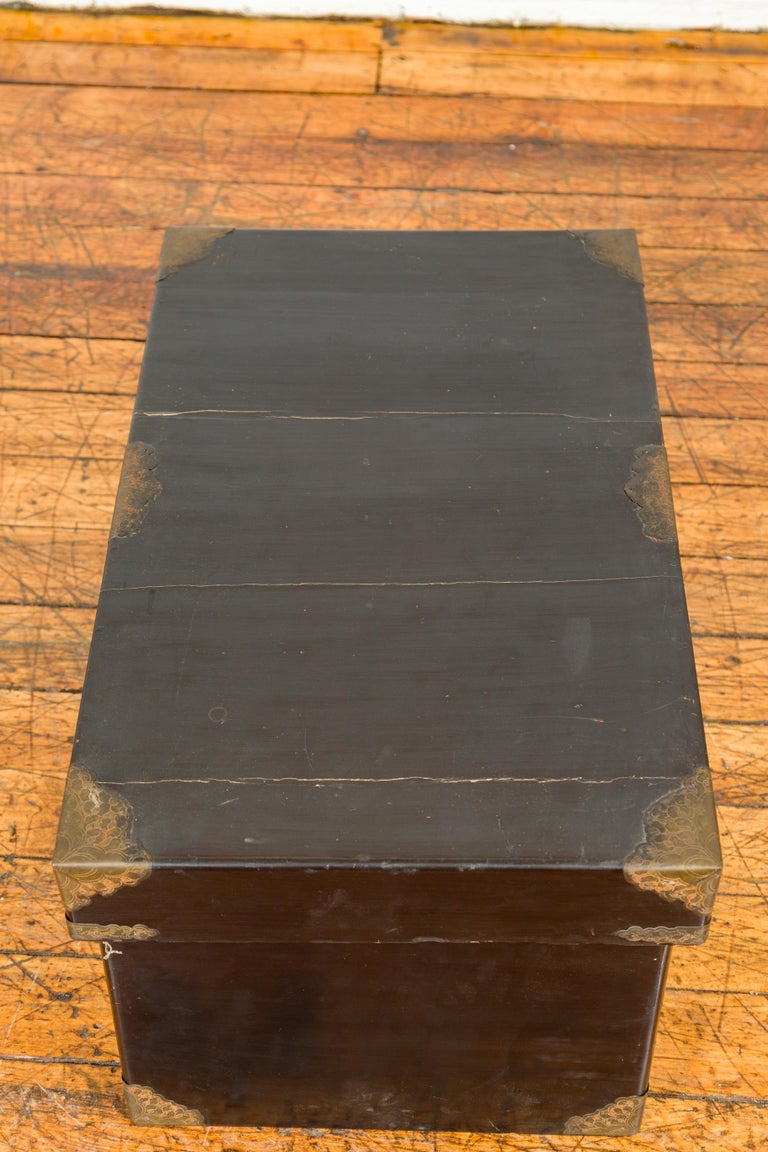 Japanese Taishō Period Kiri Wood Lidded Box with Cut Brass Foliage ...