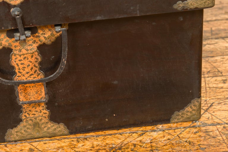 Japanese Taishō Period Kiri Wood Lidded Box with Cut Brass Foliage ...