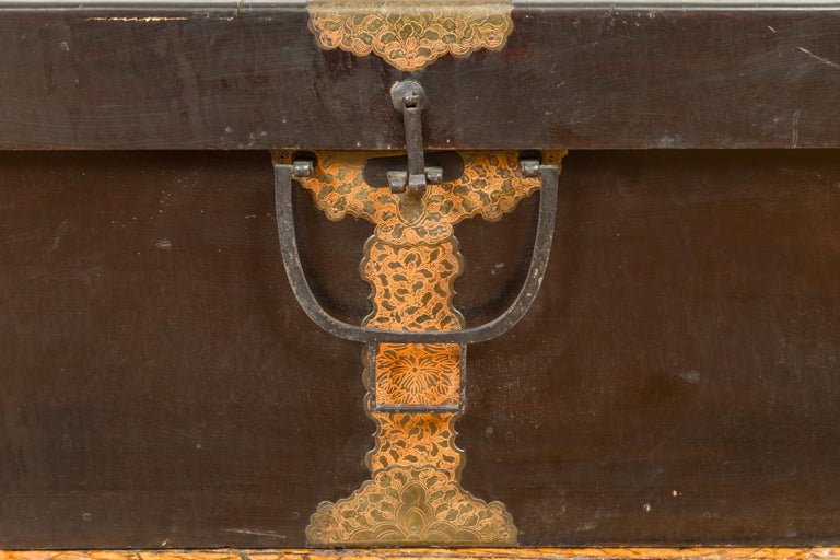 Japanese Taishō Period Kiri Wood Lidded Box with Cut Brass Foliage ...