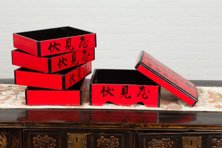 Japanese Taishō Period Red Lacquered Tiered Food Box with Black ...