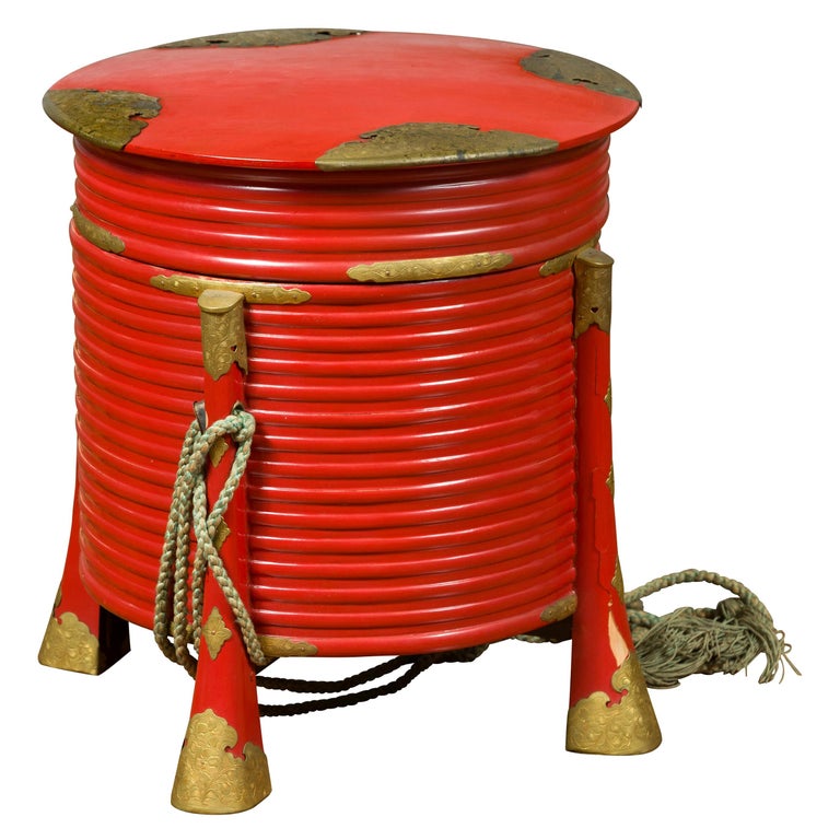 Japanese Taishō Red Lacquered Hokai Box with Brass Accents and Original ...