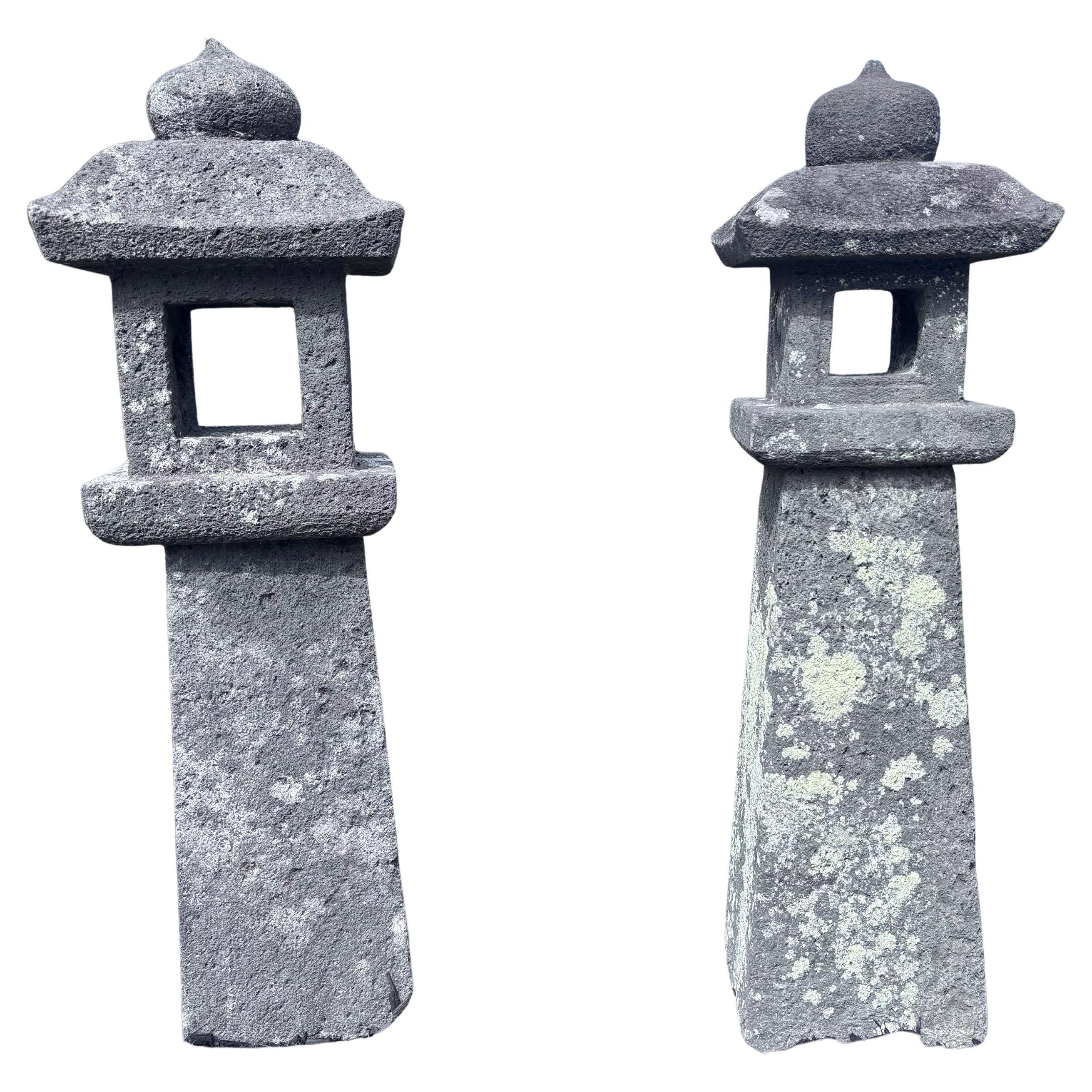 Japanese Tall Pair Antique Stone Sun And Moon Pathway Lanterns, 36 ...