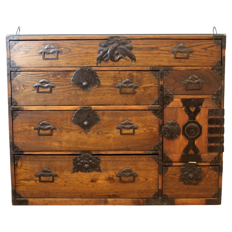 Japanese Tansu Chest Cabinet 1900s Taisho Period Keyaki Wood w/ Moko ...