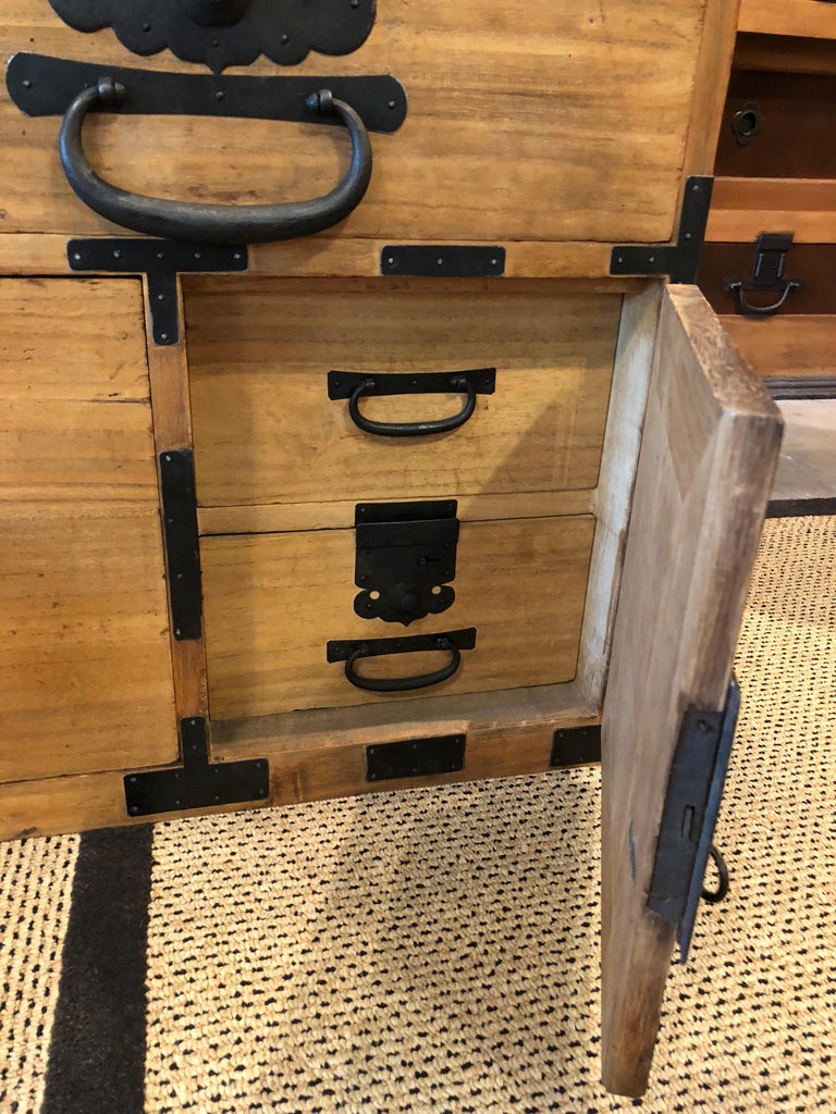 Japanese Tansu Light Wood Kiri Black Hardware Chest Side Table Bedside ...