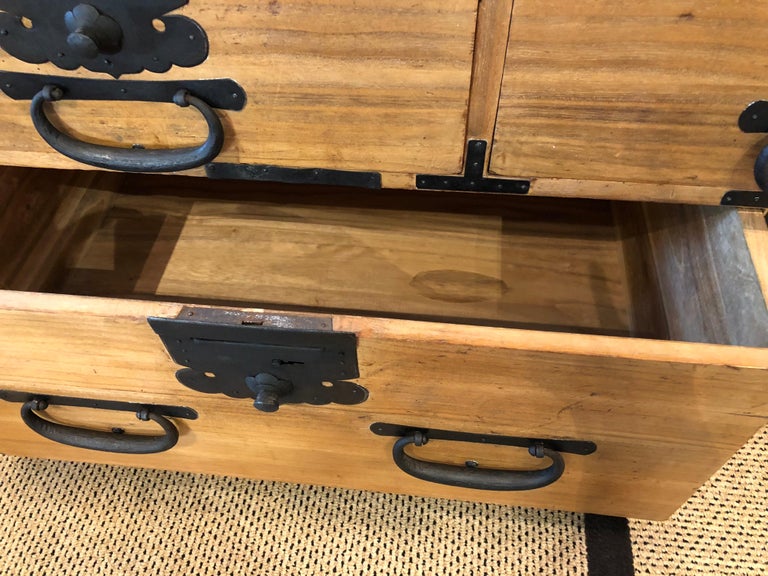 Japanese Tansu Light Wood Kiri Black Hardware Chest Side Table Bedside ...