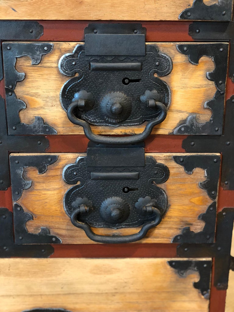 Japanese Tansu Light Wood Kiri Red Black Hardware Chest Side Table ...