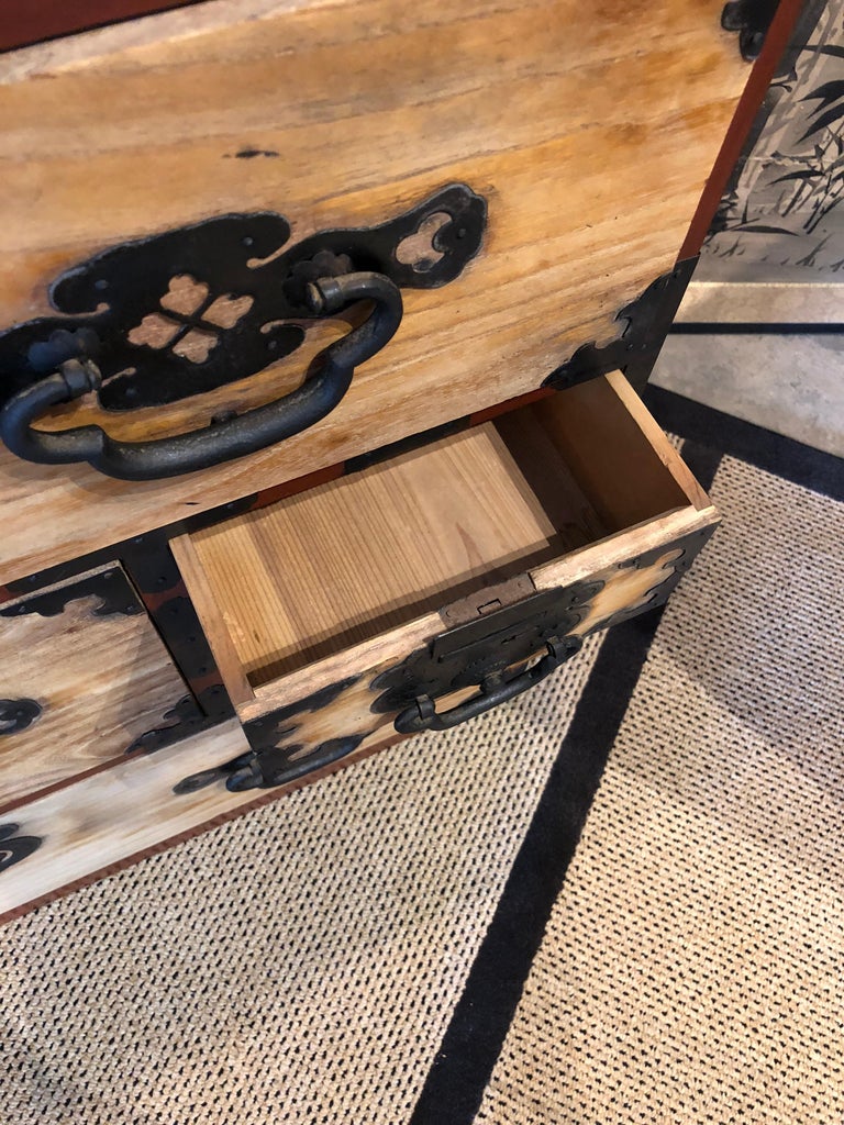 Japanese Tansu Light Wood Kiri Red Black Hardware Chest Side Table ...