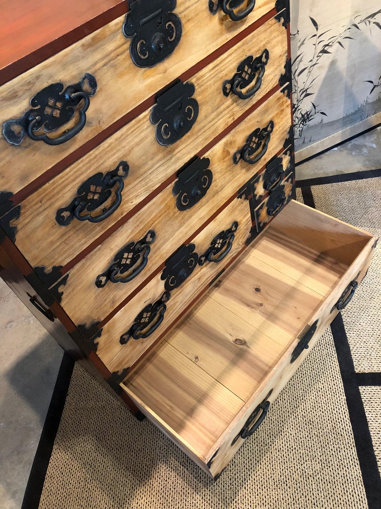 Japanese Tansu Light Wood Kiri Red Black Hardware Chest Side Table ...