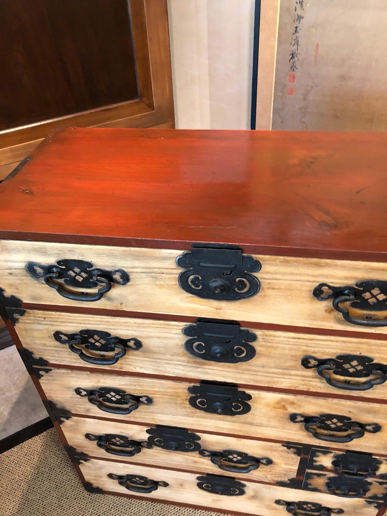 Japanese Tansu Light Wood Kiri Red Black Hardware Chest Side Table ...