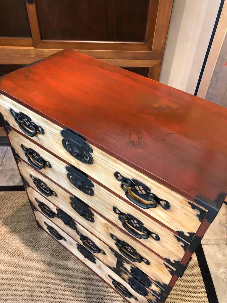 Japanese Tansu Light Wood Kiri Red Black Hardware Chest Side Table ...