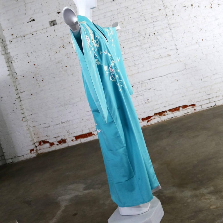 Japanese Turquoise Silk Hōmongi Kimono with Embroidered Chrysanthemums ...
