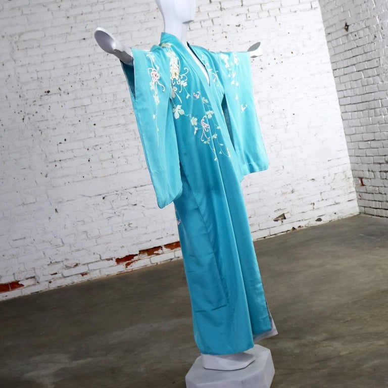 Japanese Turquoise Silk Hōmongi Kimono with Embroidered Chrysanthemums ...