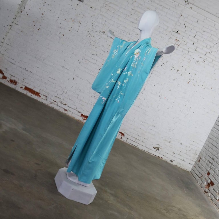 Japanese Turquoise Silk Hōmongi Kimono with Embroidered Chrysanthemums ...