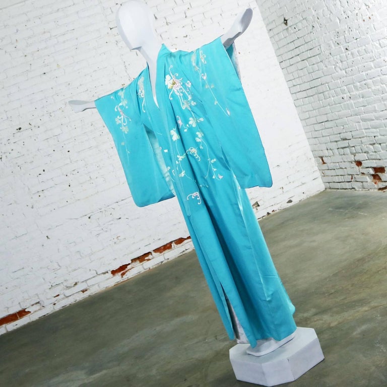 Japanese Turquoise Silk Hōmongi Kimono with Embroidered Chrysanthemums ...