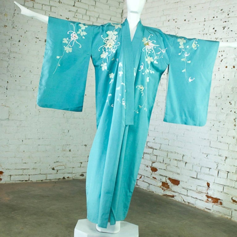 Japanese Turquoise Silk Hōmongi Kimono with Embroidered Chrysanthemums ...