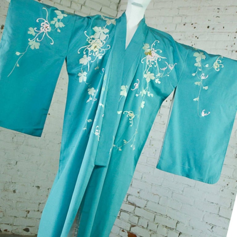 Japanese Turquoise Silk Hōmongi Kimono with Embroidered Chrysanthemums ...
