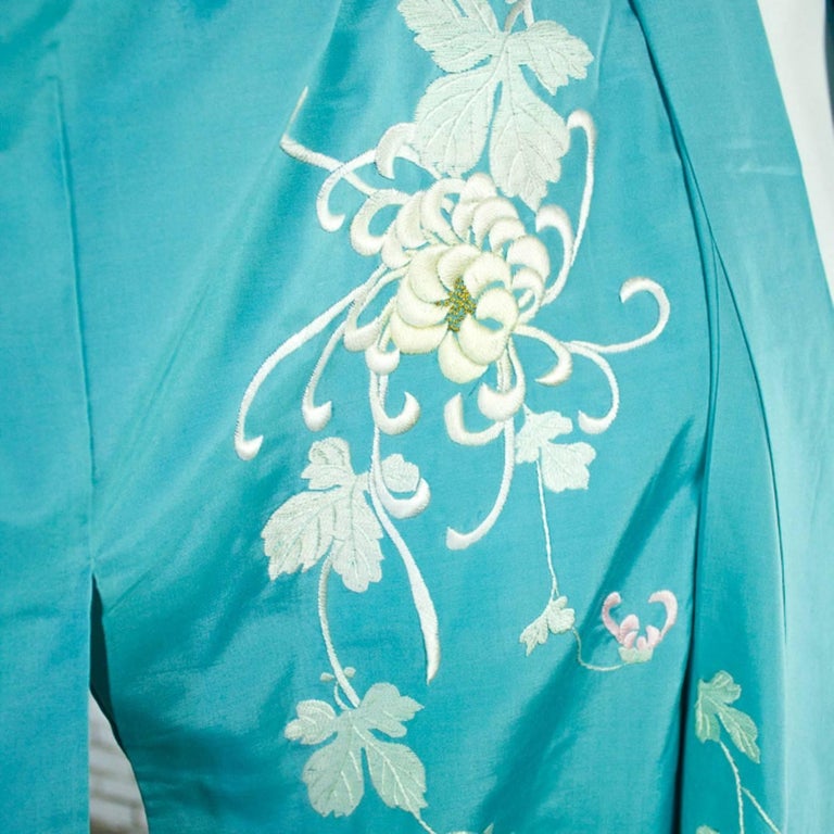 Japanese Turquoise Silk Hōmongi Kimono with Embroidered Chrysanthemums ...