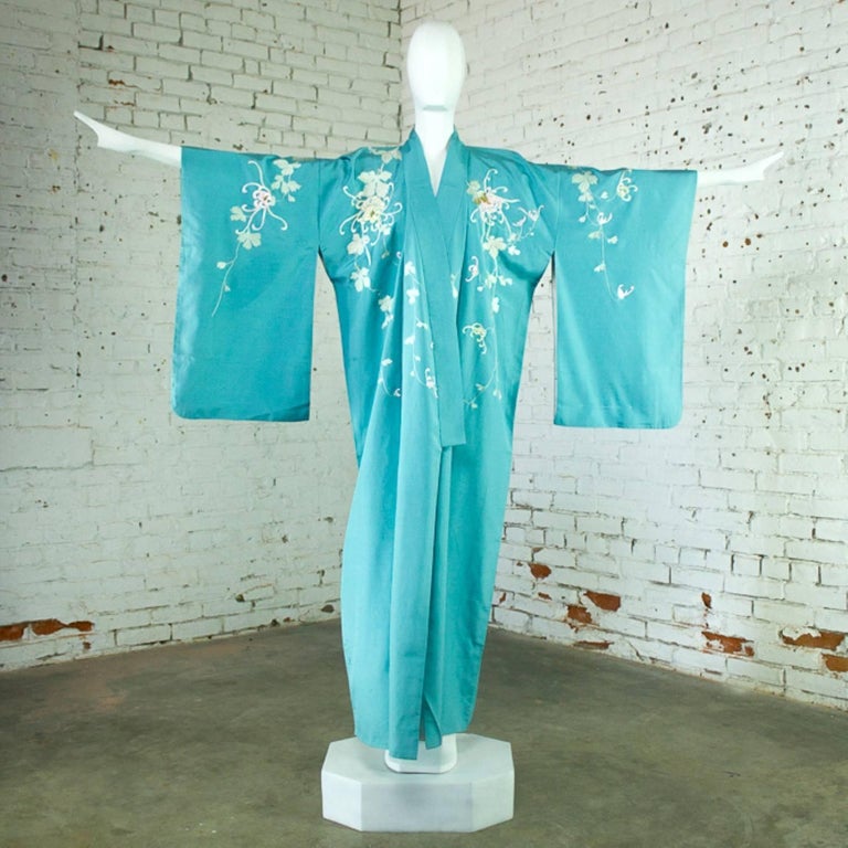 Japanese Turquoise Silk Hōmongi Kimono with Embroidered Chrysanthemums ...