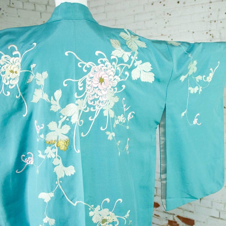 Japanese Turquoise Silk Hōmongi Kimono with Embroidered Chrysanthemums ...