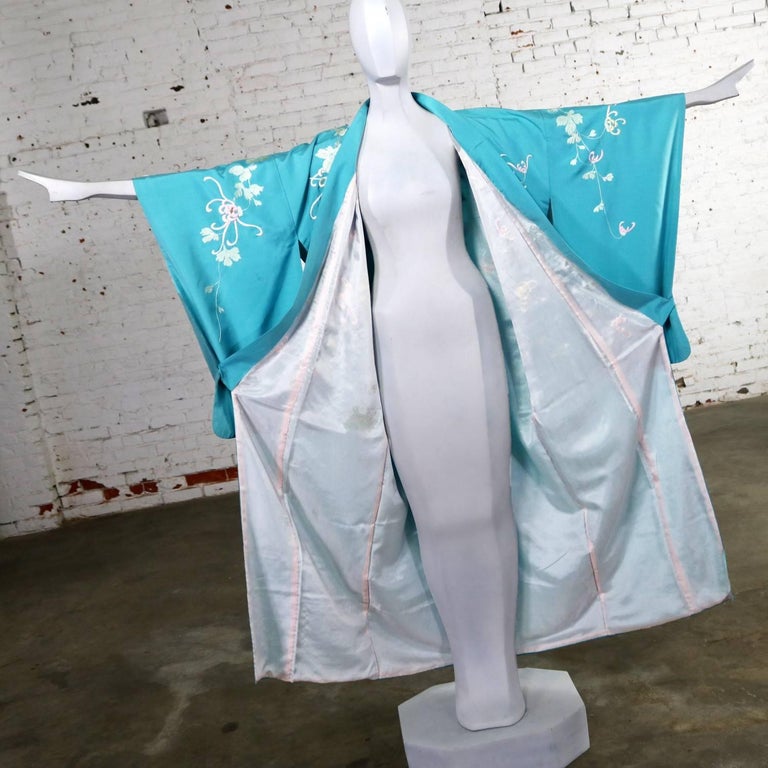 Japanese Turquoise Silk Hōmongi Kimono with Embroidered Chrysanthemums ...