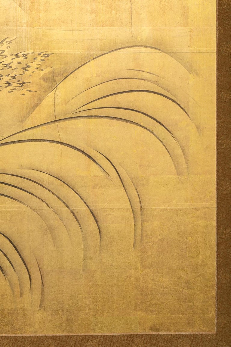 Japanese Two Panel Screen: Waves on Gold For Sale at 1stDibs