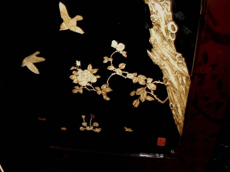 Japanese Two Panel Carved Lacquer Screen at 1stDibs
