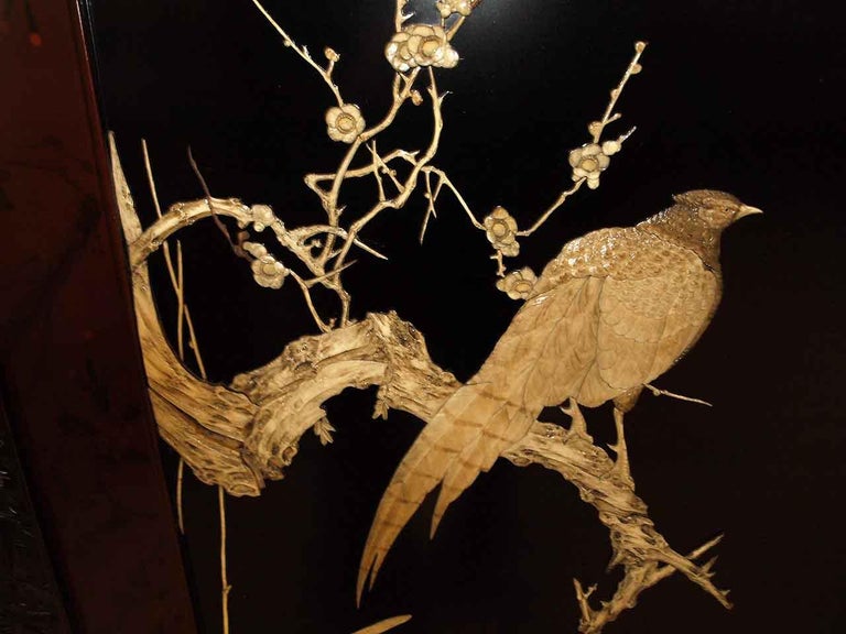 Japanese Two Panel Carved Lacquer Screen at 1stDibs