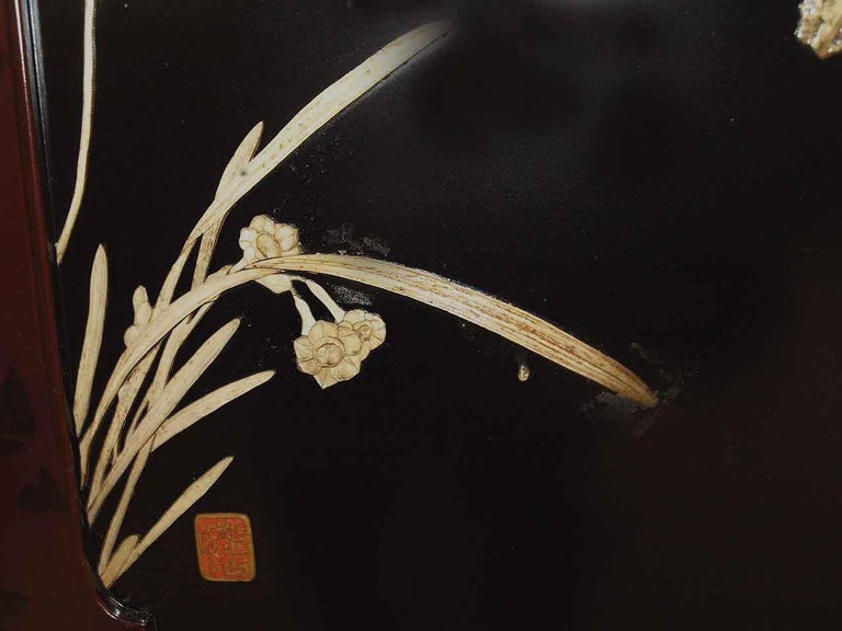 Japanese Two Panel Carved Lacquer Screen at 1stDibs