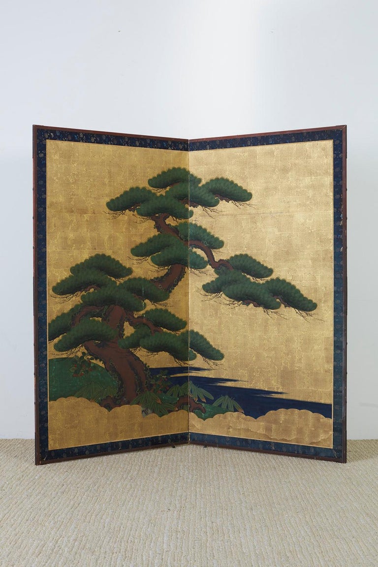 Japanese Two-Panel Edo Screen of Ancient Pine at 1stDibs
