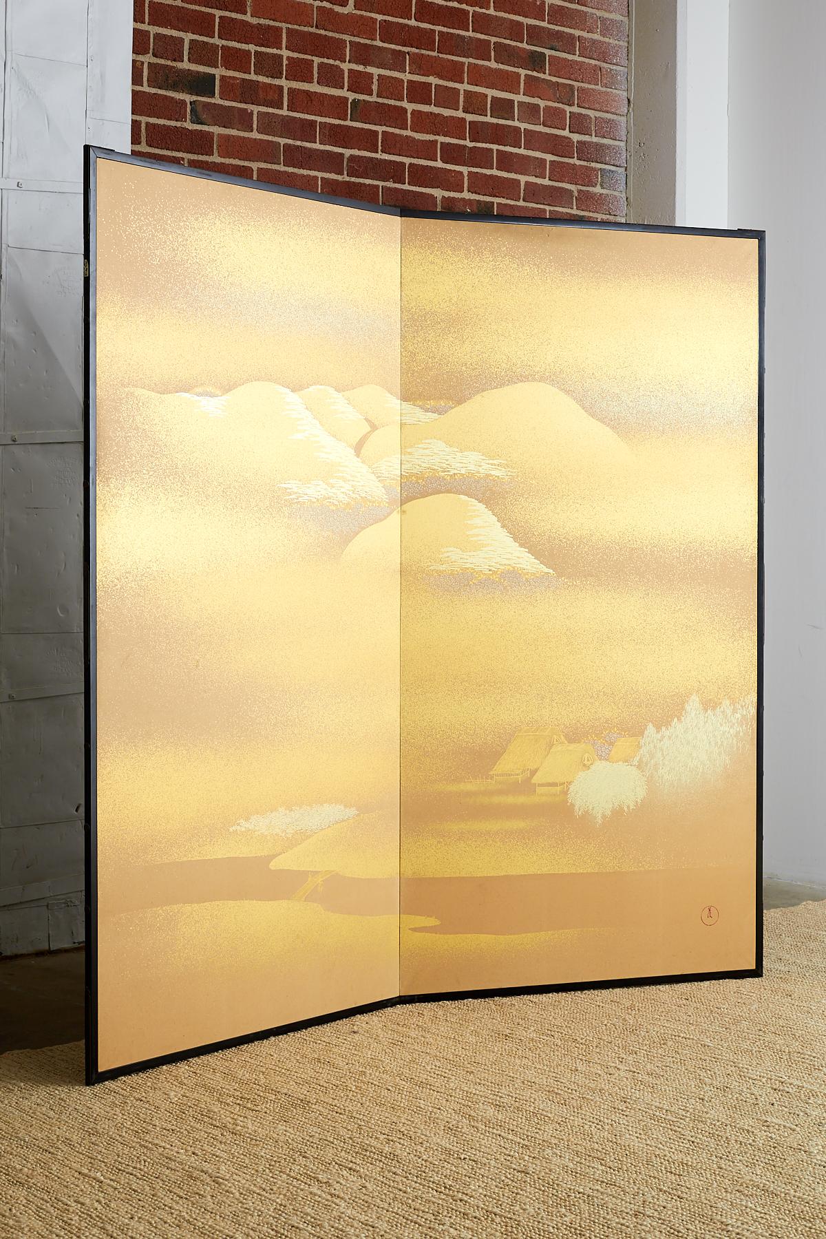 Japanese Two-Panel Gold Leaf Screen by Yoshikawa For Sale at 1stDibs